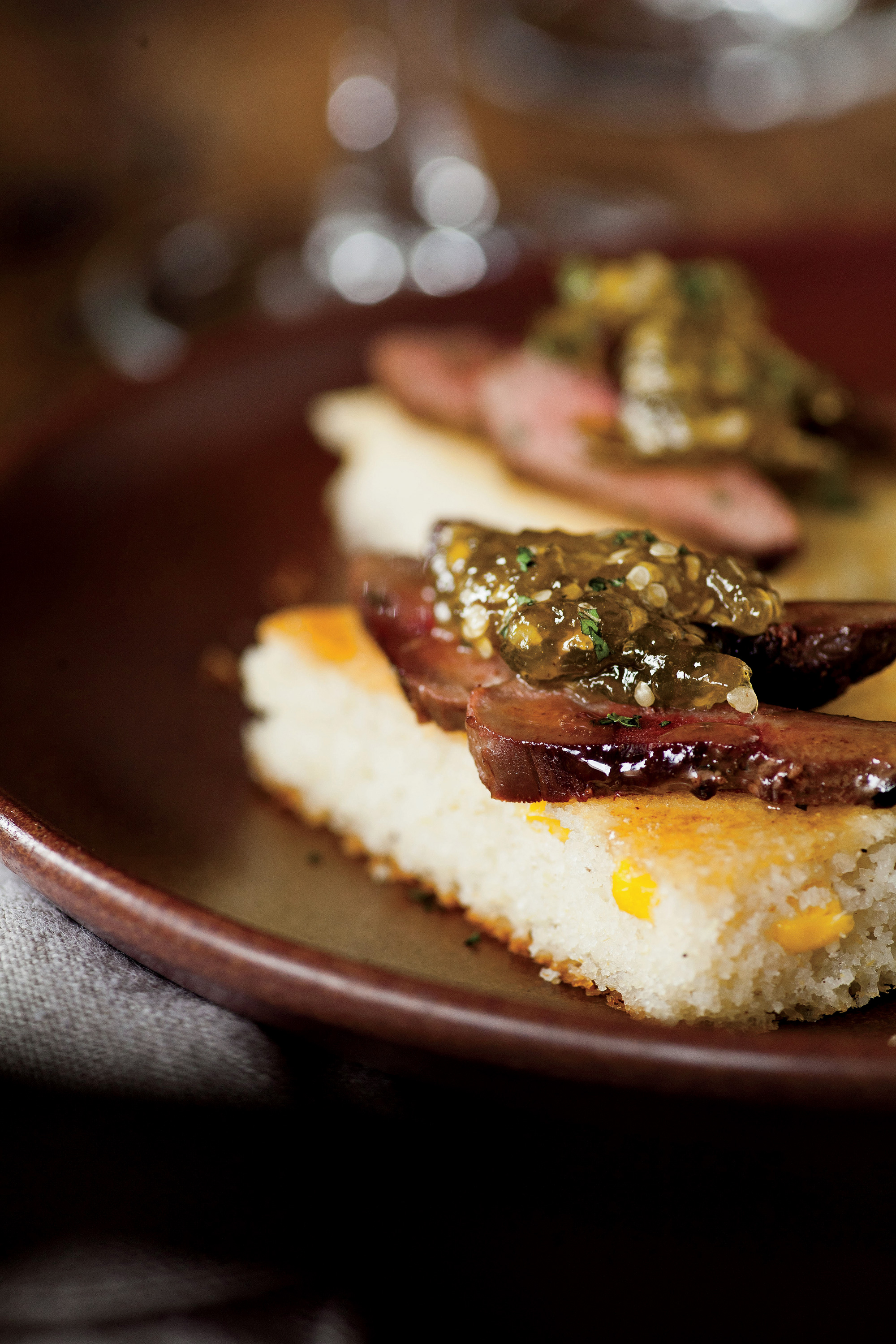Sliced Dove Breasts on Cornbread Crostini with Green Tomato Marmalade